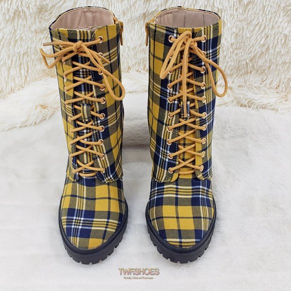 Mata | Shoes | Sexy Yellow Plaid Chunky Heel Lace Up Ankle Boots | Poshmark